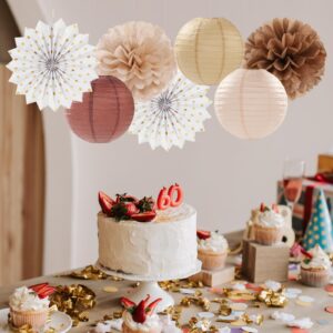 Boho Baby-Shower Party-Decorations Streamers-Lanterns - 14pcs White Brown Champagne Neutral Birthday Wedding Bridal Paper Fan,Tissue Pom Poms,Honeycomb Balls,Engagement Fall Christmas Decor Ouruola