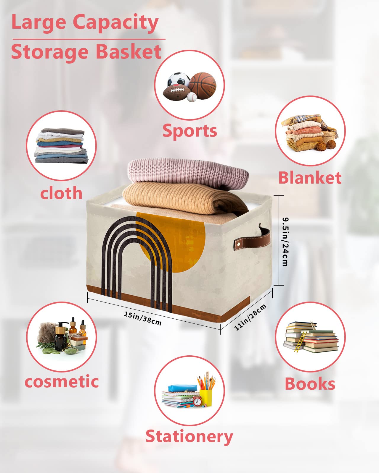 2PCS Cube Storage Bins, Waterproof Moving Boxes with Handles, Washable Closet Clothes Organizer Foldable Aesthetic Terracotta Mid Century Modern Abstract Art Toy Box Shelf Baskets 15x11x9.5 inch