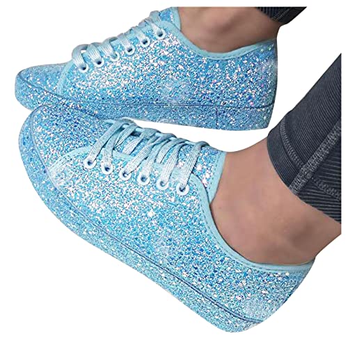 Hbeylia Sequin Sneakers for Women Rhinestones Sparkly Chunky Bottom Lace Up Walking Running Tennis Shoes Breathable Anti Slip Low Top Fall Walking Driving Play Sneakers Athletic Sport Shoes Blue