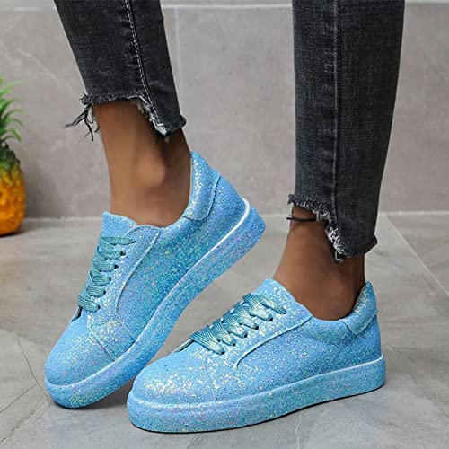 Hbeylia Sequin Sneakers for Women Rhinestones Sparkly Chunky Bottom Lace Up Walking Running Tennis Shoes Breathable Anti Slip Low Top Fall Walking Driving Play Sneakers Athletic Sport Shoes Blue