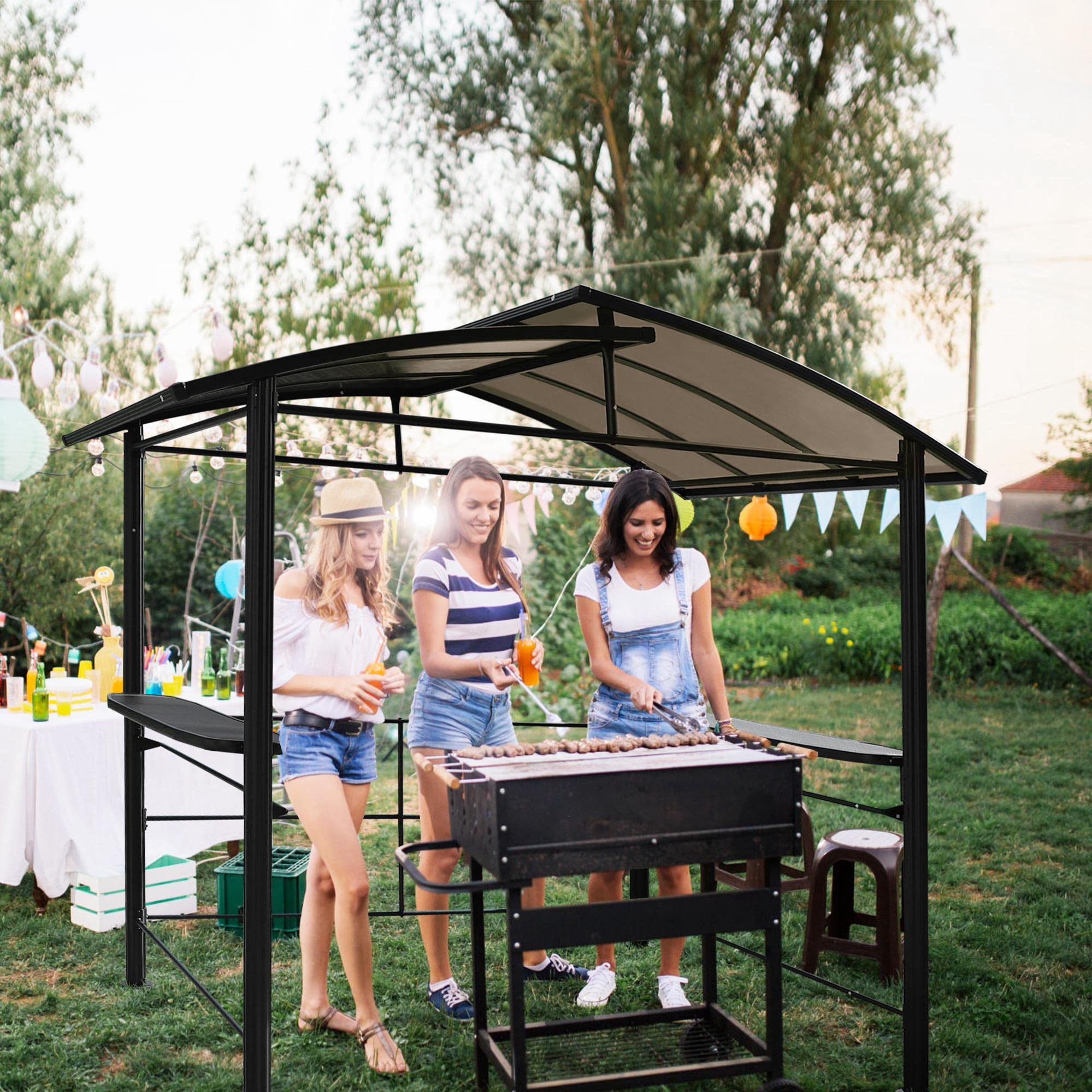 Vilobos 8'x 5' Layered PVC Board BBQ Grill Gazebo Outdoor Mental Grill Shelter with Shelves & Tools Rails, Easy to Assemble, BBQ Canopy for Patio Backyard Deck, Black