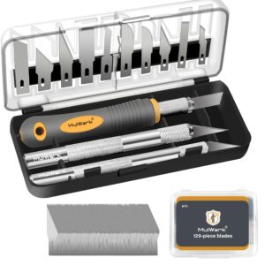 mulwark 136-piece precision hobby knife set - exacto knife set for modeling - craft knife magnetic customized handle with chiseling blade, stencil edge blade, fine point blade included 120#11 blades