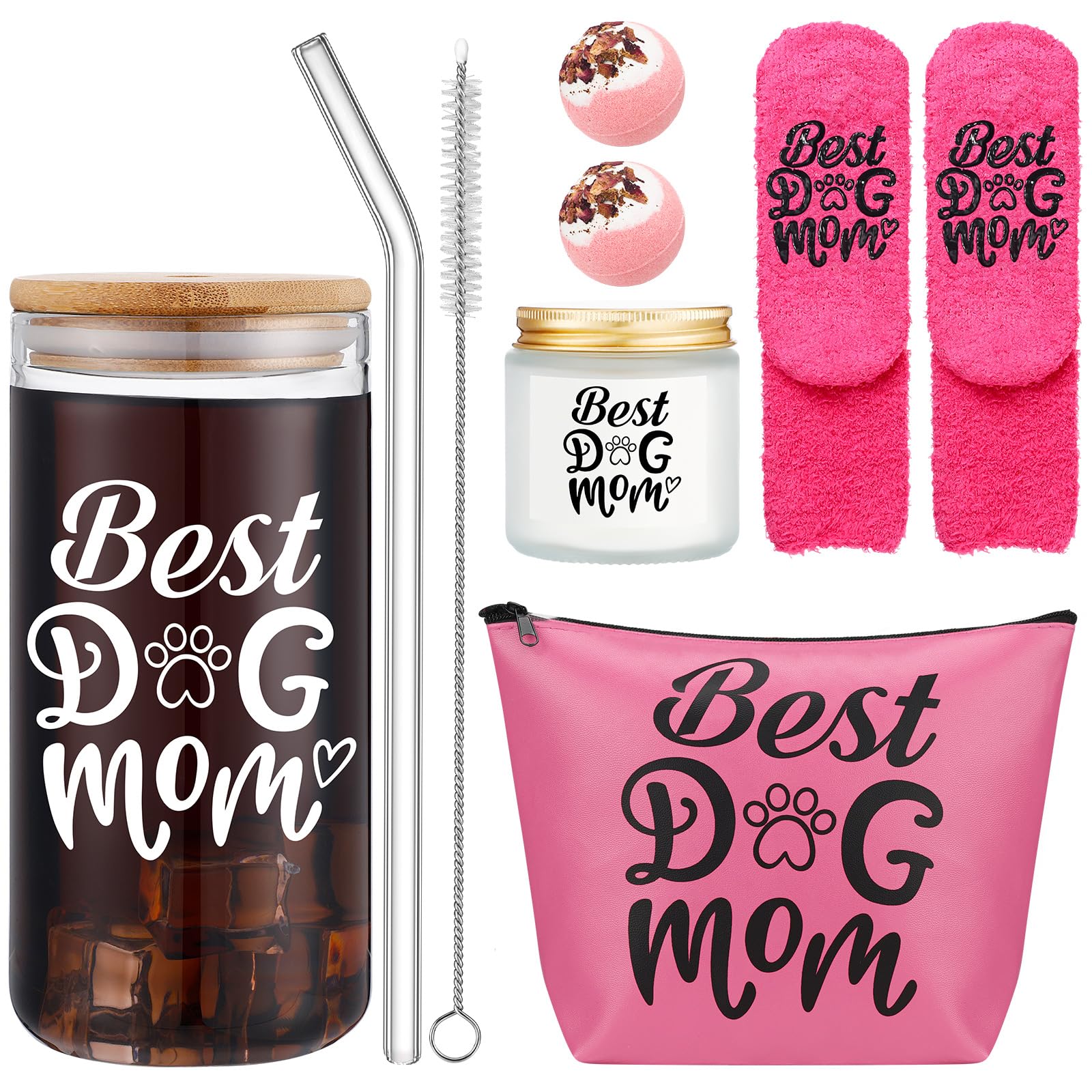 Mumufy 7 Pcs Dog Mom Cup Gifts 20 oz Coffee Glass Tumbler with Bamboo Lid Straw Brush Makeup Bag Socks Scented Candle Bath Salt Ball for Puppy Dog Lover Veterinarian Coffee Lovers Christmas Gifts