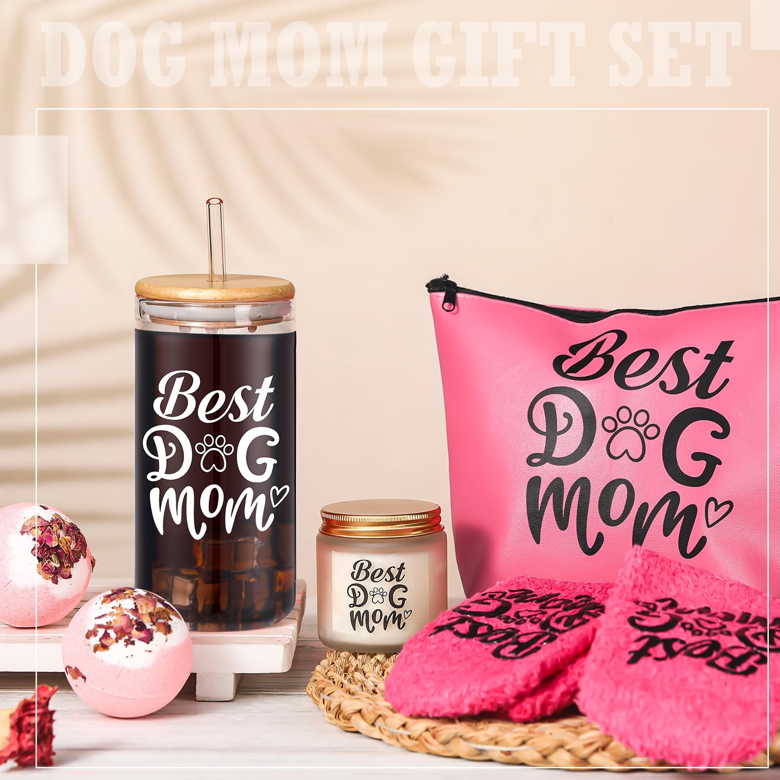 Mumufy 7 Pcs Dog Mom Cup Gifts 20 oz Coffee Glass Tumbler with Bamboo Lid Straw Brush Makeup Bag Socks Scented Candle Bath Salt Ball for Puppy Dog Lover Veterinarian Coffee Lovers Christmas Gifts