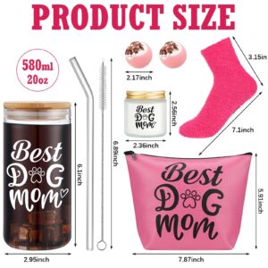 Mumufy 7 Pcs Dog Mom Cup Gifts 20 oz Coffee Glass Tumbler with Bamboo Lid Straw Brush Makeup Bag Socks Scented Candle Bath Salt Ball for Puppy Dog Lover Veterinarian Coffee Lovers Christmas Gifts