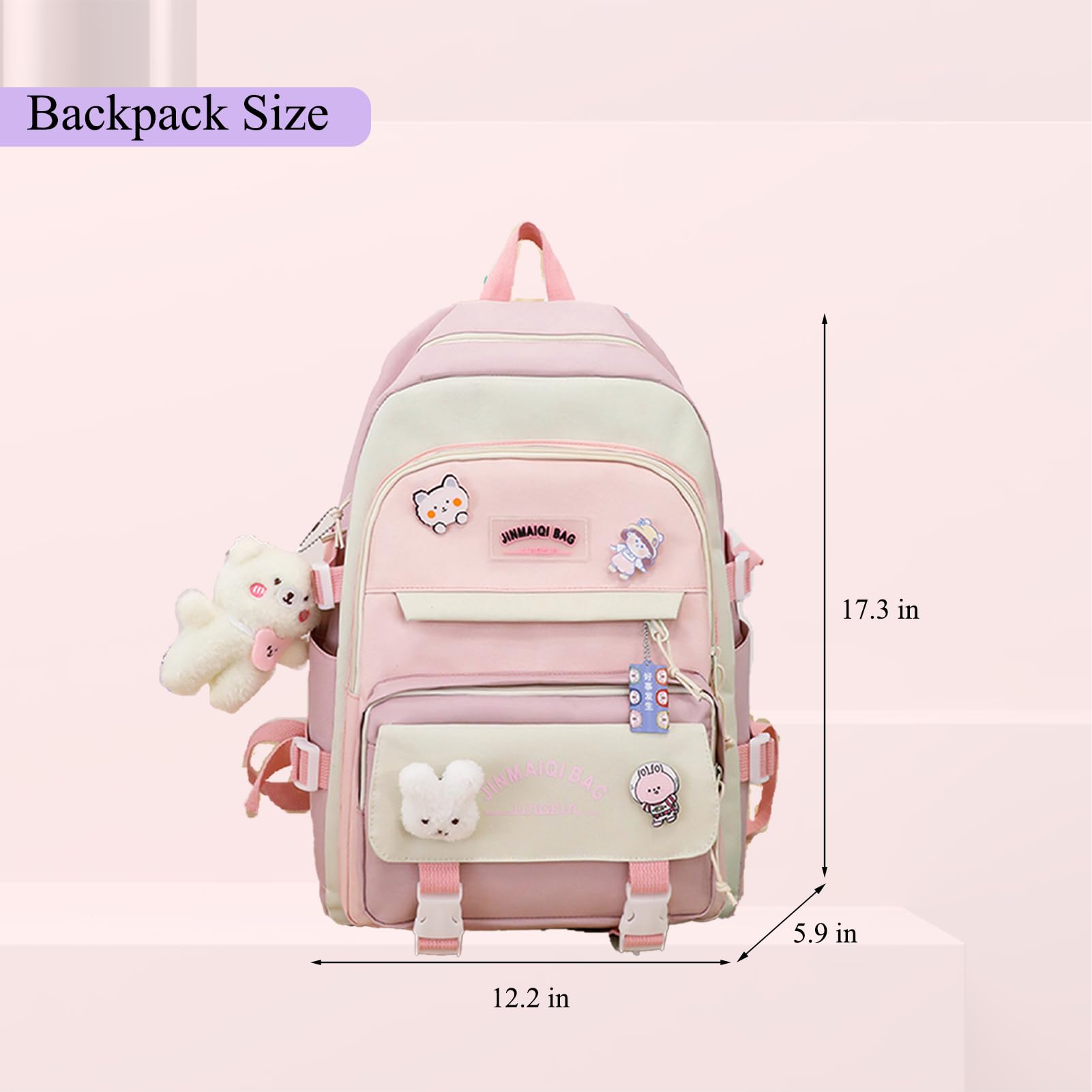 YJMKOI Kawaii Backpack Set for Girls, 5PCS Aesthetic Backpack for Teen Girls, Girls Backpack for School With Cute Pins (Blue)