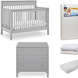 Delta Children Remy Crib 6-Piece Baby Nursery Furniture Set–Includes: Convertible Crib, Dresser, Changing Top, Crib Mattress, Sheets, & Changing Pad, Grey