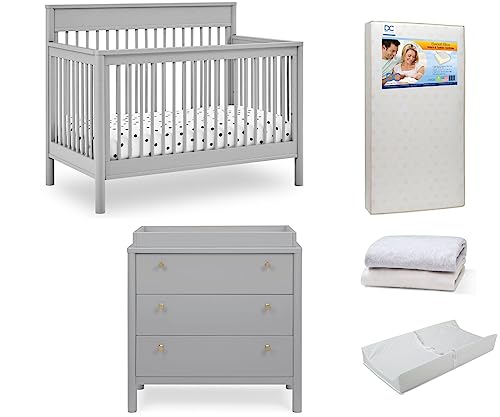 Delta Children Remy Crib 6-Piece Baby Nursery Furniture Set–Includes: Convertible Crib, Dresser, Changing Top, Crib Mattress, Sheets, & Changing Pad, Grey