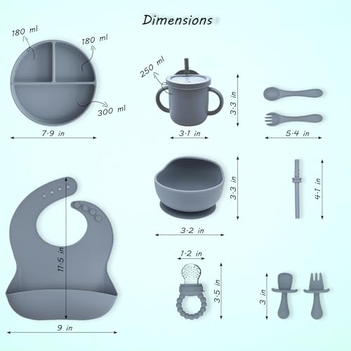 Silicone Baby Feeding Set -16 piece Baby Led Wearing Supplies with Suction plates for toddlers, bowls, Baby Utensils, Snack Cup, Sippy Cups, Toddler Utensils items Gray 6+ Months essentials must have.