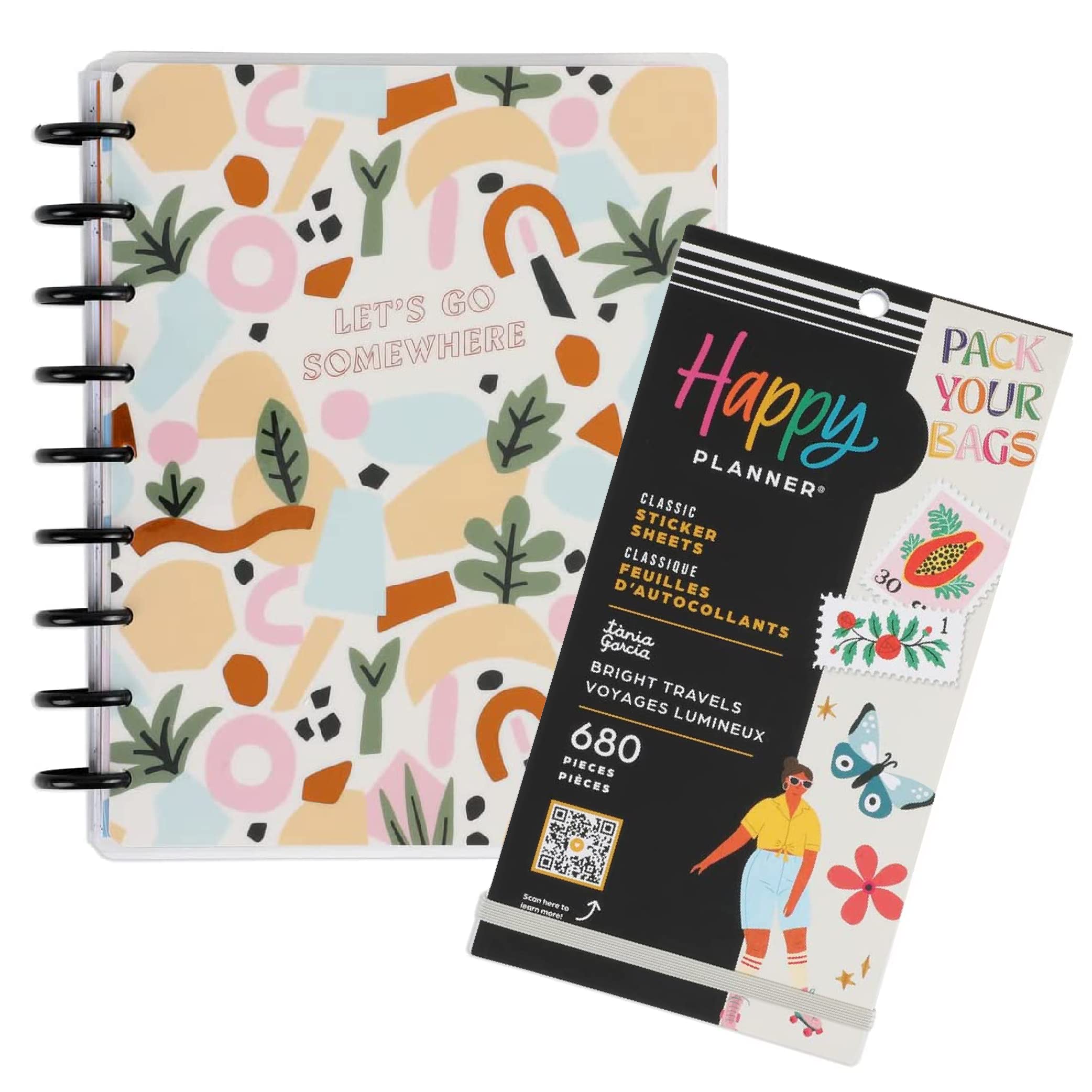 Happy Planner 18 Month Classic Planner Sticker Pack Bundle – Bright Travels - Classic Sized Planner (7” x 9.75”) July 2023 – Dec 2024 & 30 Sheet Sticker Book, 680 Stickers Total