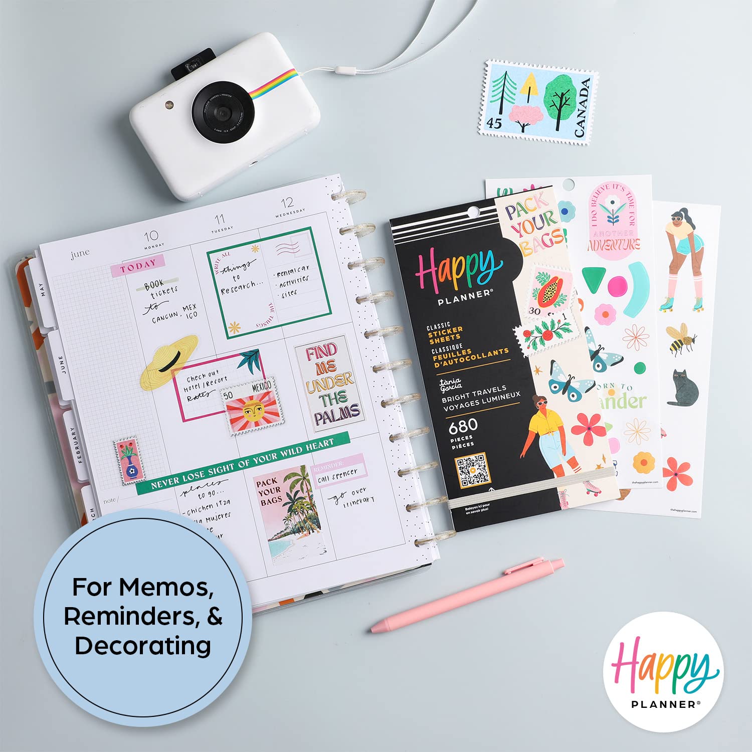 Happy Planner 18 Month Classic Planner Sticker Pack Bundle – Bright Travels - Classic Sized Planner (7” x 9.75”) July 2023 – Dec 2024 & 30 Sheet Sticker Book, 680 Stickers Total