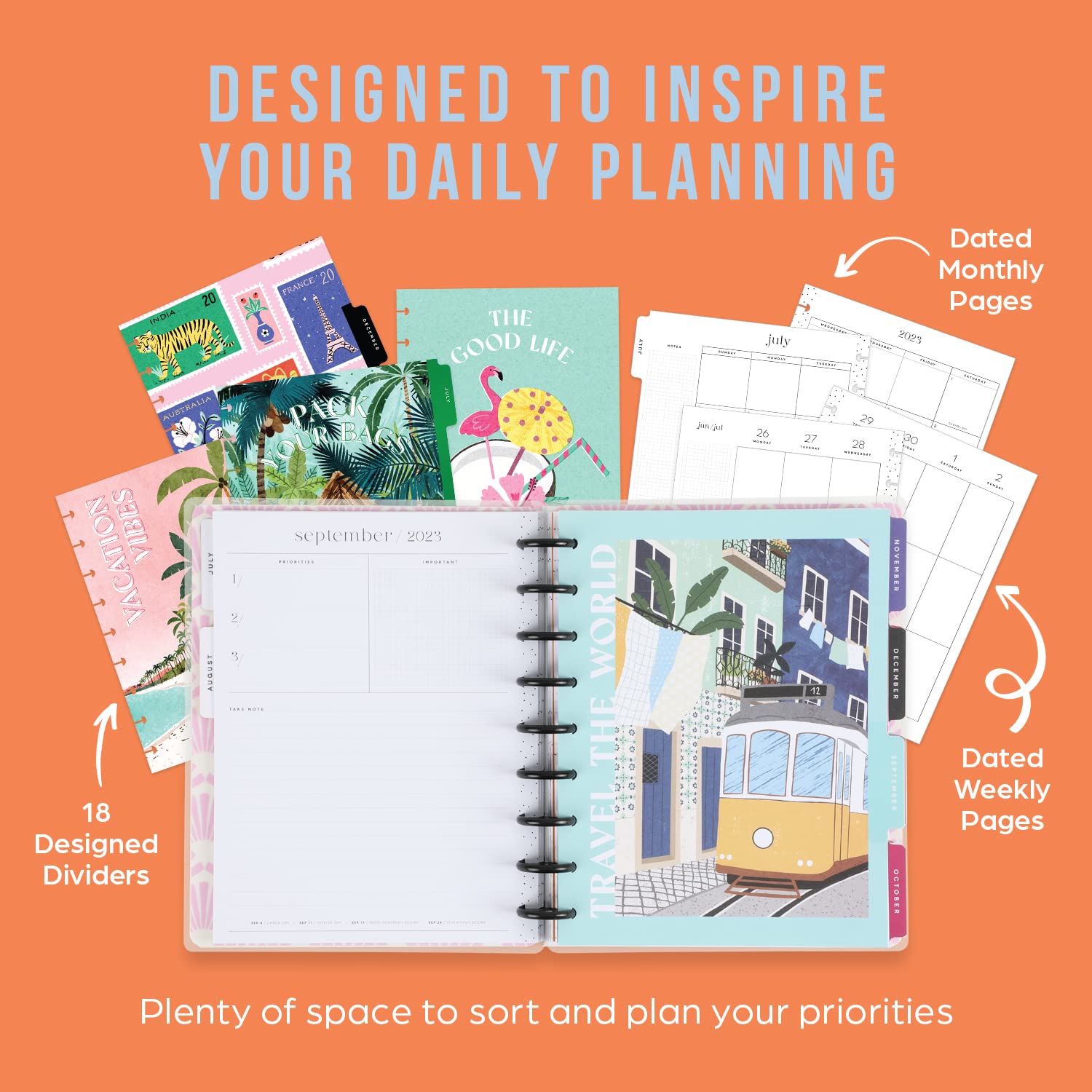 Happy Planner 18 Month Classic Planner Sticker Pack Bundle – Bright Travels - Classic Sized Planner (7” x 9.75”) July 2023 – Dec 2024 & 30 Sheet Sticker Book, 680 Stickers Total