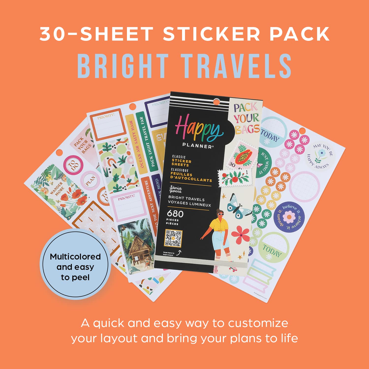 Happy Planner 18 Month Classic Planner Sticker Pack Bundle – Bright Travels - Classic Sized Planner (7” x 9.75”) July 2023 – Dec 2024 & 30 Sheet Sticker Book, 680 Stickers Total