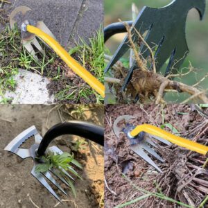 2Pcs Artifact Uprooting Weeding Tool, All Steel Hardened 2 in 1 Hollow Hoe and Rake, Heavy Duty Garden Rake Weeding Tools, Hand Hoe Gardening Weeder Tool Weed Puller for Backyard Weeding Loosening