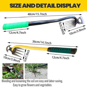 2Pcs Artifact Uprooting Weeding Tool, All Steel Hardened 2 in 1 Hollow Hoe and Rake, Heavy Duty Garden Rake Weeding Tools, Hand Hoe Gardening Weeder Tool Weed Puller for Backyard Weeding Loosening