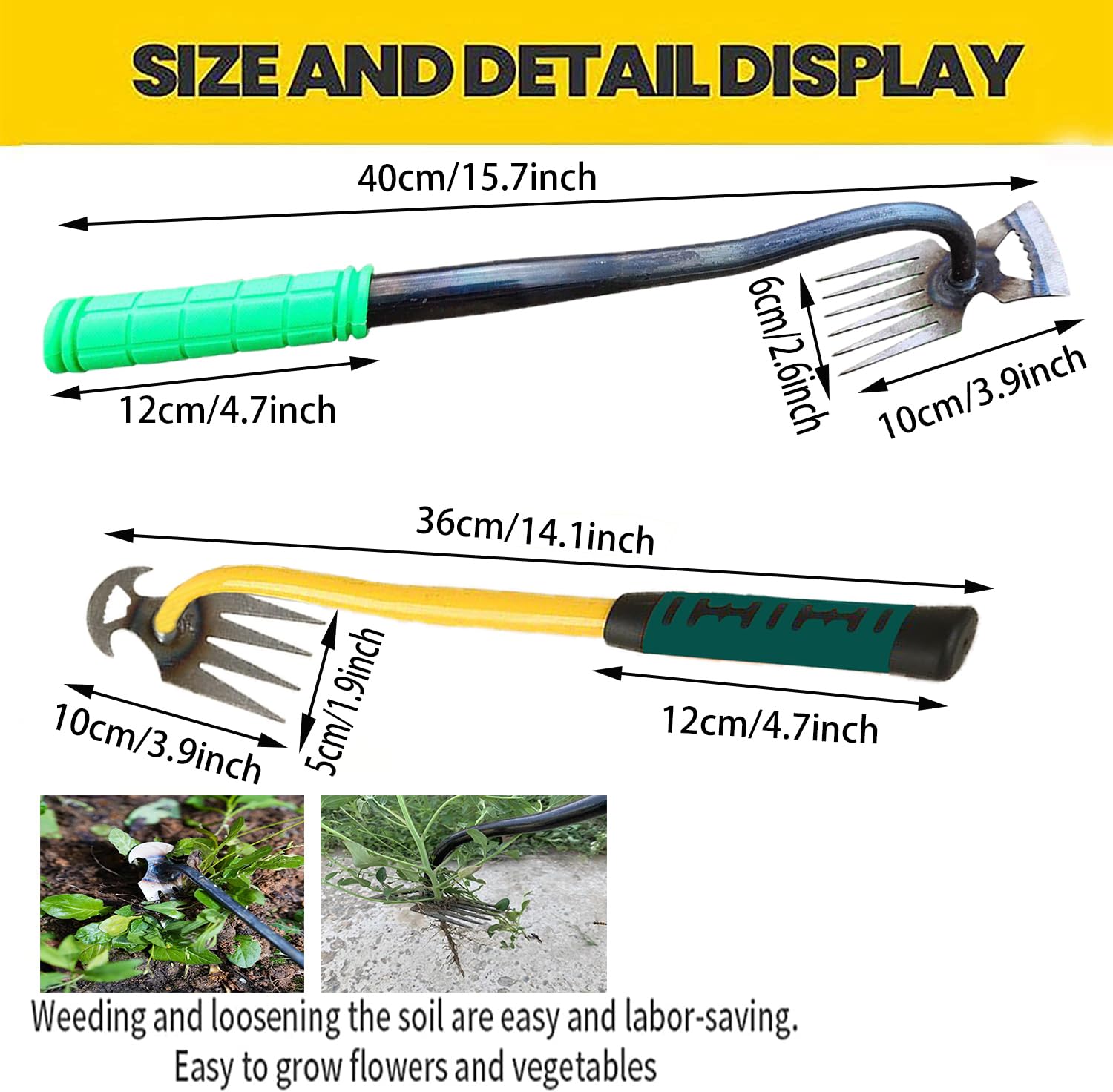 2Pcs Artifact Uprooting Weeding Tool, All Steel Hardened 2 in 1 Hollow Hoe and Rake, Heavy Duty Garden Rake Weeding Tools, Hand Hoe Gardening Weeder Tool Weed Puller for Backyard Weeding Loosening