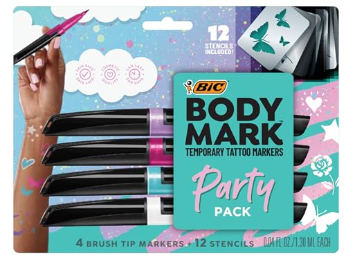 BIC BodyMark Party Pack Temporary Tattoo Marker for Skin, Premium Brush Tip, 4 Count Pack