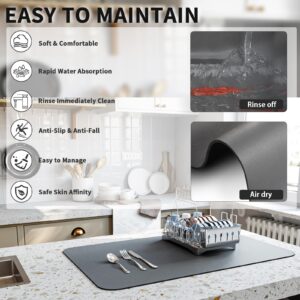 HotLive Dish Drying Mat for Kitchen Counter, Heat Resistant Drainer Mats with Non-slip Rubber Backed, Hide Stain Kitchen Super Absorbent Draining Mat, Easy to Clean Dish Rack Pad, Dark Grey 18"x24"