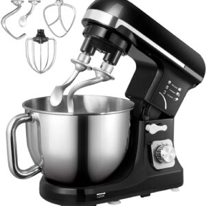 Stand Mixer Fohere, with Double Dough Hook, Wire Whip & Beater, 6+ P Speed Tilt-Head Food Mixer, Pouring Shield for Home Cooking, Dishwasher Safe Stainless Steel Bowl with Handle (Black)