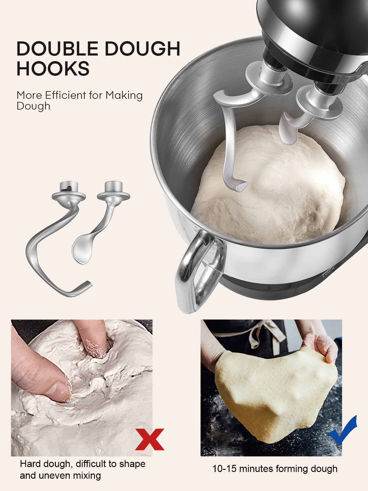 Stand Mixer Fohere, with Double Dough Hook, Wire Whip & Beater, 6+ P Speed Tilt-Head Food Mixer, Pouring Shield for Home Cooking, Dishwasher Safe Stainless Steel Bowl with Handle (Black)