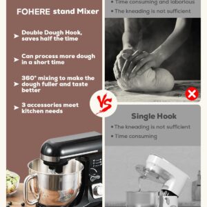 Stand Mixer Fohere, with Double Dough Hook, Wire Whip & Beater, 6+ P Speed Tilt-Head Food Mixer, Pouring Shield for Home Cooking, Dishwasher Safe Stainless Steel Bowl with Handle (Black)