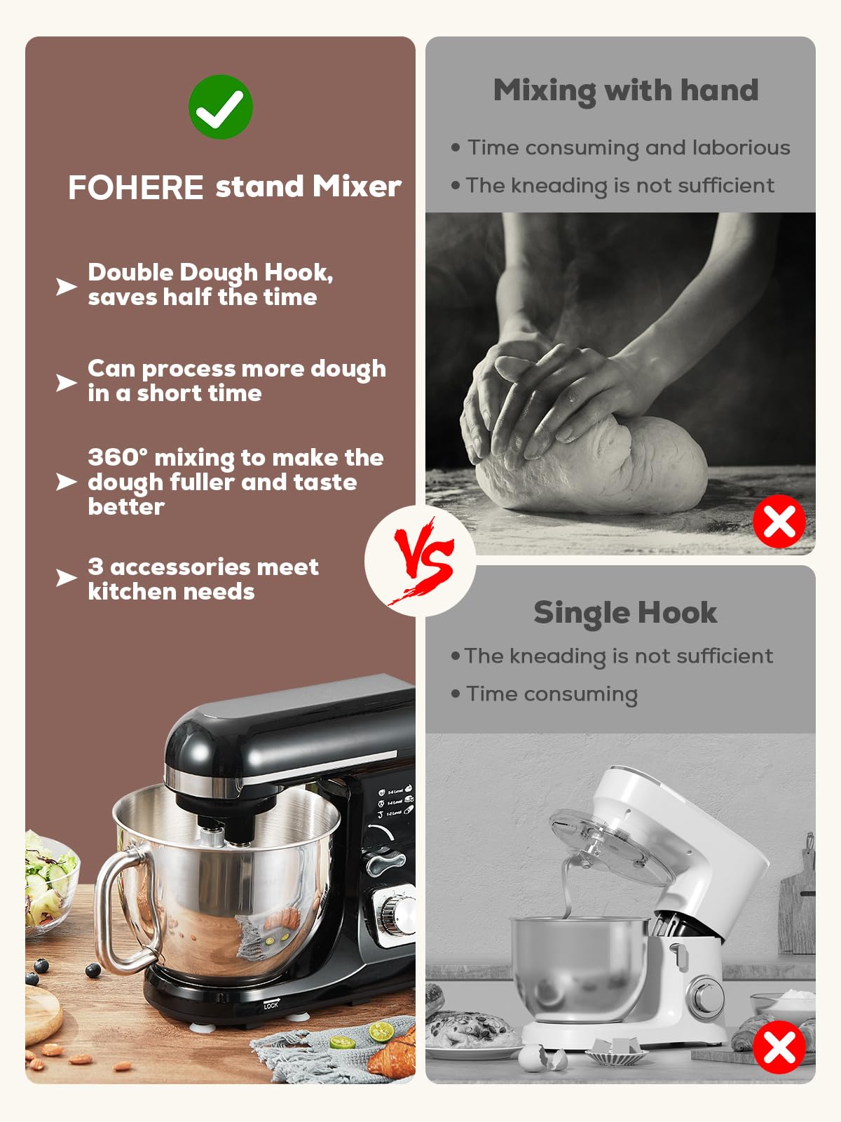 Stand Mixer Fohere, with Double Dough Hook, Wire Whip & Beater, 6+ P Speed Tilt-Head Food Mixer, Pouring Shield for Home Cooking, Dishwasher Safe Stainless Steel Bowl with Handle (Black)