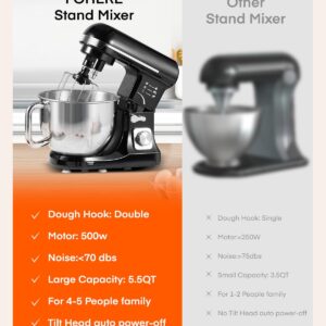 Stand Mixer Fohere, with Double Dough Hook, Wire Whip & Beater, 6+ P Speed Tilt-Head Food Mixer, Pouring Shield for Home Cooking, Dishwasher Safe Stainless Steel Bowl with Handle (Black)