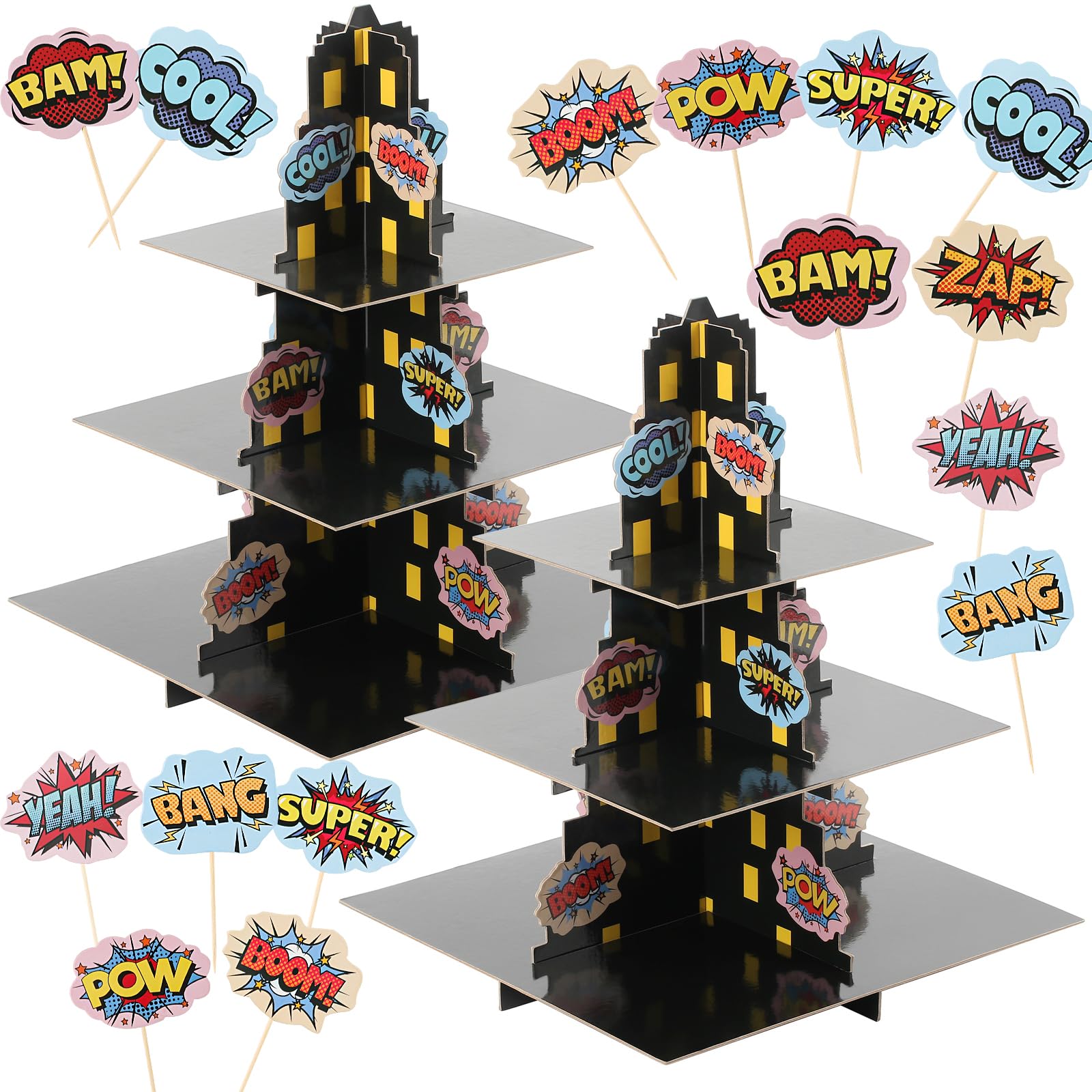 2 Sets Superhero Cupcake Stands and 24pcs Super Hero Boom Cupcake Toppers Skyscraper Cake Stands 3 Tier for Dessert Table Building Cupcake Stand for Birthday Table Decor Superhero Party Supplies