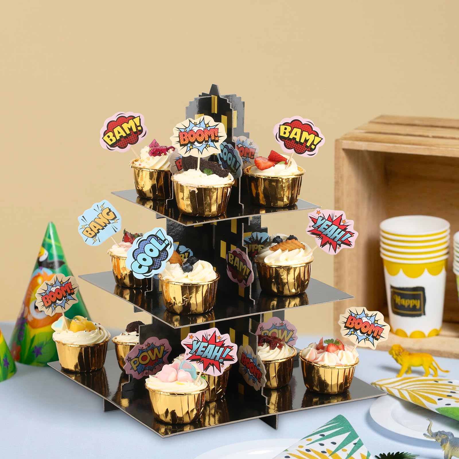 2 Sets Superhero Cupcake Stands and 24pcs Super Hero Boom Cupcake Toppers Skyscraper Cake Stands 3 Tier for Dessert Table Building Cupcake Stand for Birthday Table Decor Superhero Party Supplies