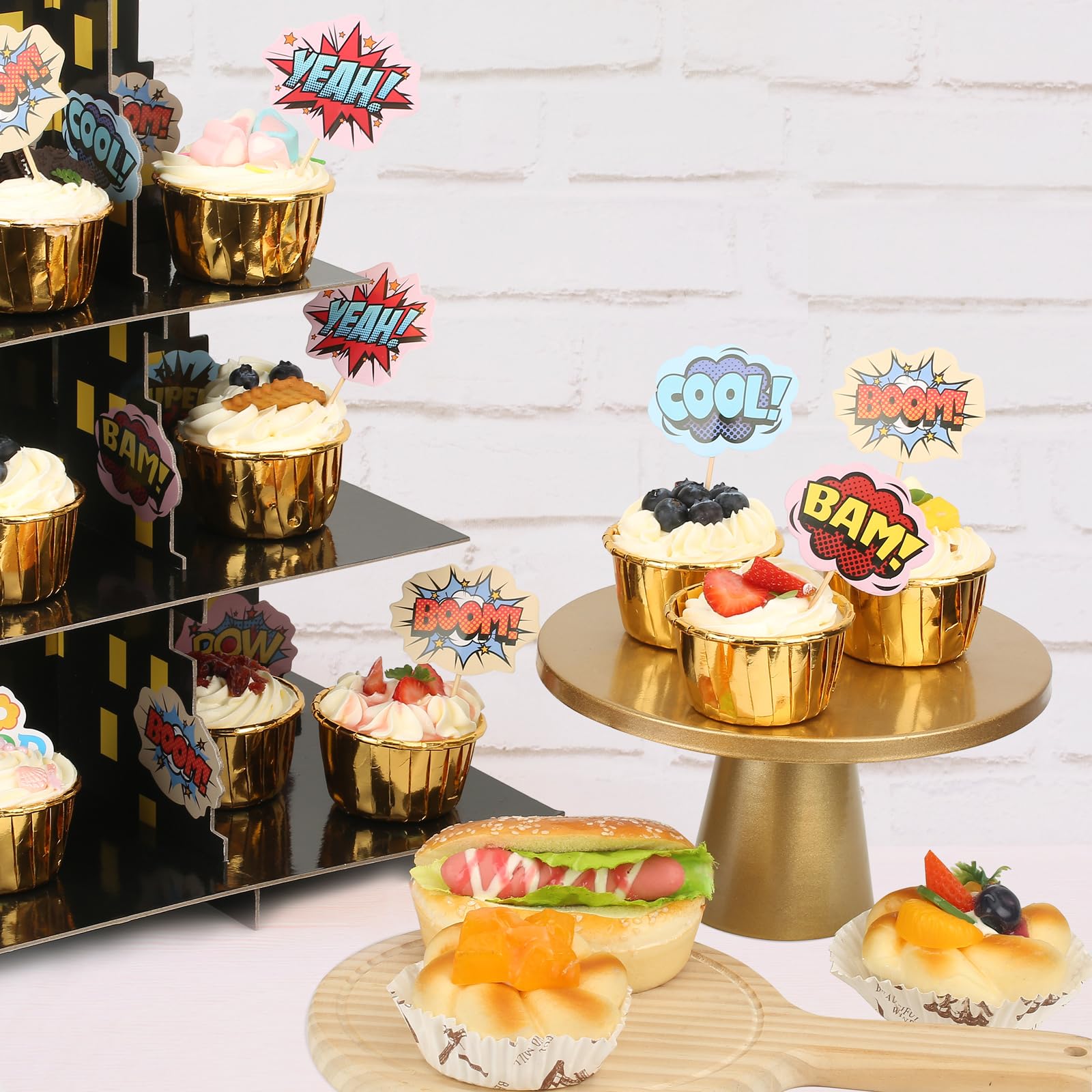 2 Sets Superhero Cupcake Stands and 24pcs Super Hero Boom Cupcake Toppers Skyscraper Cake Stands 3 Tier for Dessert Table Building Cupcake Stand for Birthday Table Decor Superhero Party Supplies