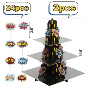 2 Sets Superhero Cupcake Stands and 24pcs Super Hero Boom Cupcake Toppers Skyscraper Cake Stands 3 Tier for Dessert Table Building Cupcake Stand for Birthday Table Decor Superhero Party Supplies