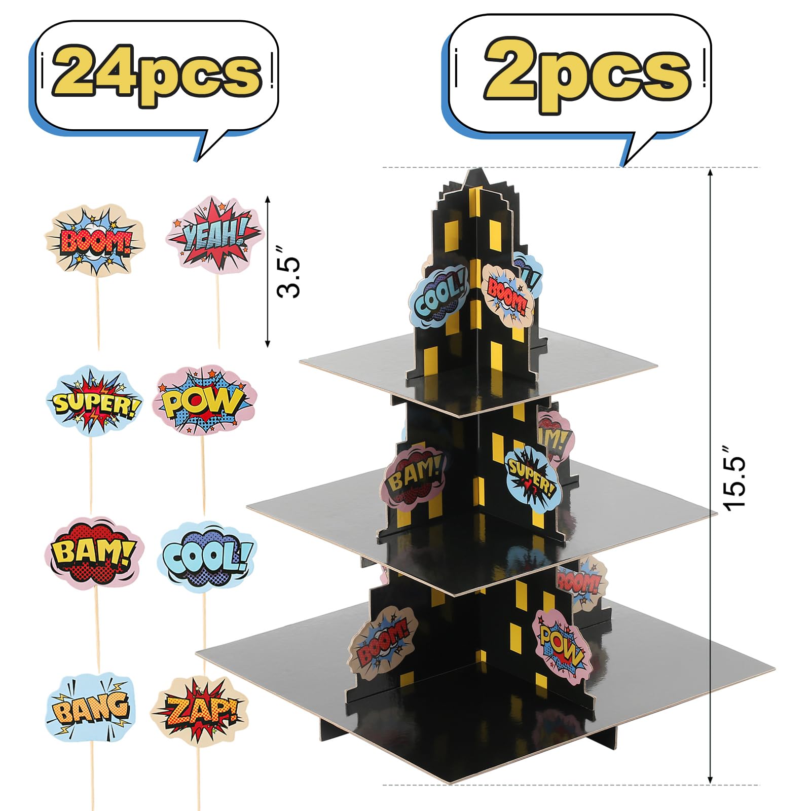 2 Sets Superhero Cupcake Stands and 24pcs Super Hero Boom Cupcake Toppers Skyscraper Cake Stands 3 Tier for Dessert Table Building Cupcake Stand for Birthday Table Decor Superhero Party Supplies