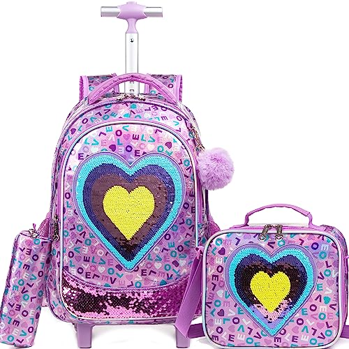 Meetbelify Girls Rolling Backpack Kids Rolling Backpacks with Wheels for Girls Elementary Kindergarten Sequin School Bag Travel Suitcase Luggage with Lunch Box for Girls 6-12