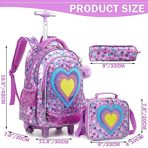 Meetbelify Girls Rolling Backpack Kids Rolling Backpacks with Wheels for Girls Elementary Kindergarten Sequin School Bag Travel Suitcase Luggage with Lunch Box for Girls 6-12