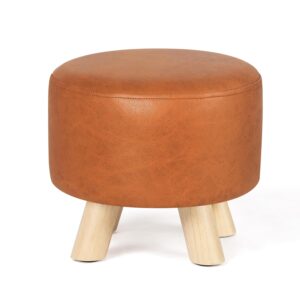 homebeez round ottoman stool faux leather foot rest, small footstool with non-skid legs (camel)