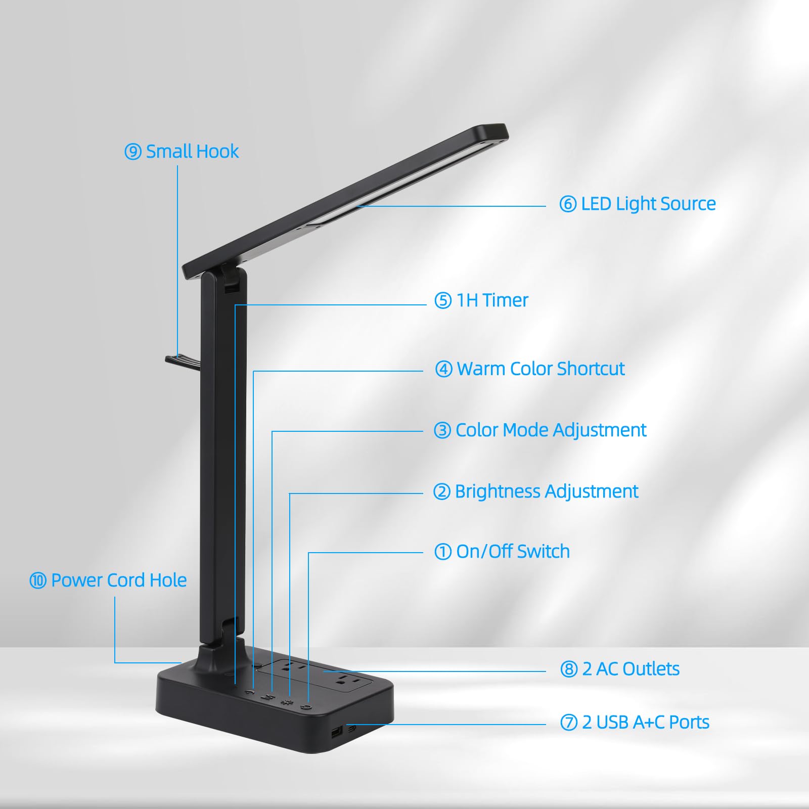 ELCBEAM LED Desk Lamp,Dimmable Table Lamp Reading Lamp with Charging Port and Outlet,3 Color Modes 3 Brightness Level,Touch Control,1H Timer,Eye Caring Office Lamp (Black)