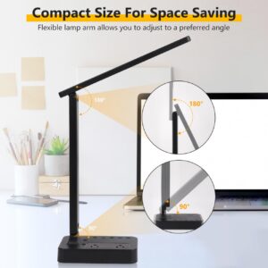 ELCBEAM LED Desk Lamp,Dimmable Table Lamp Reading Lamp with Charging Port and Outlet,3 Color Modes 3 Brightness Level,Touch Control,1H Timer,Eye Caring Office Lamp (Black)