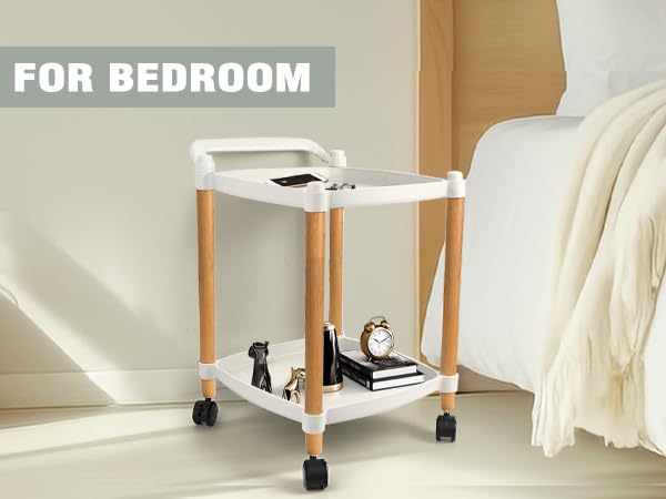 Rolling Utility Cart with Wheels Storage Cart on Wheels, Side Table End Bedside Table White