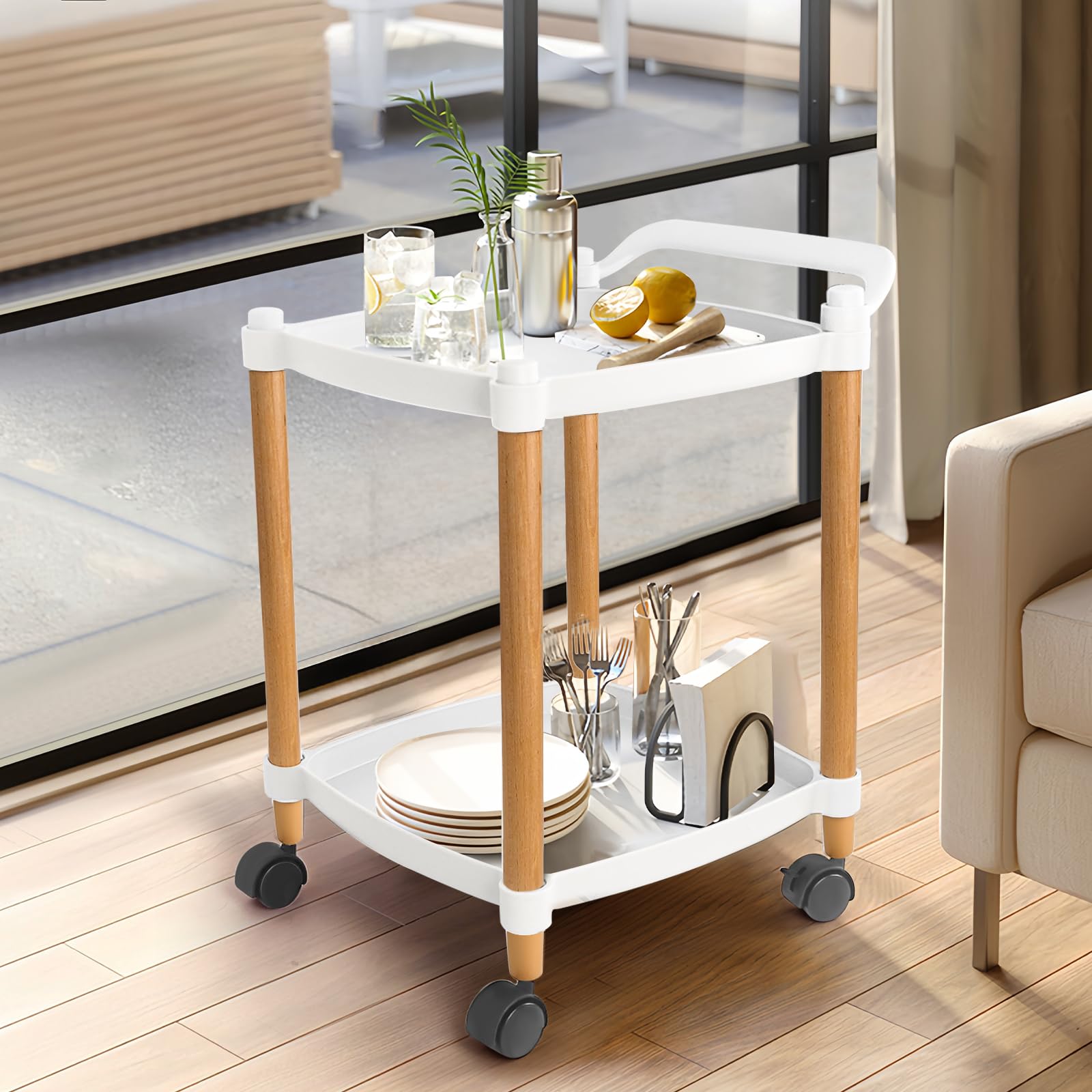 Rolling Utility Cart with Wheels Storage Cart on Wheels, Side Table End Bedside Table White