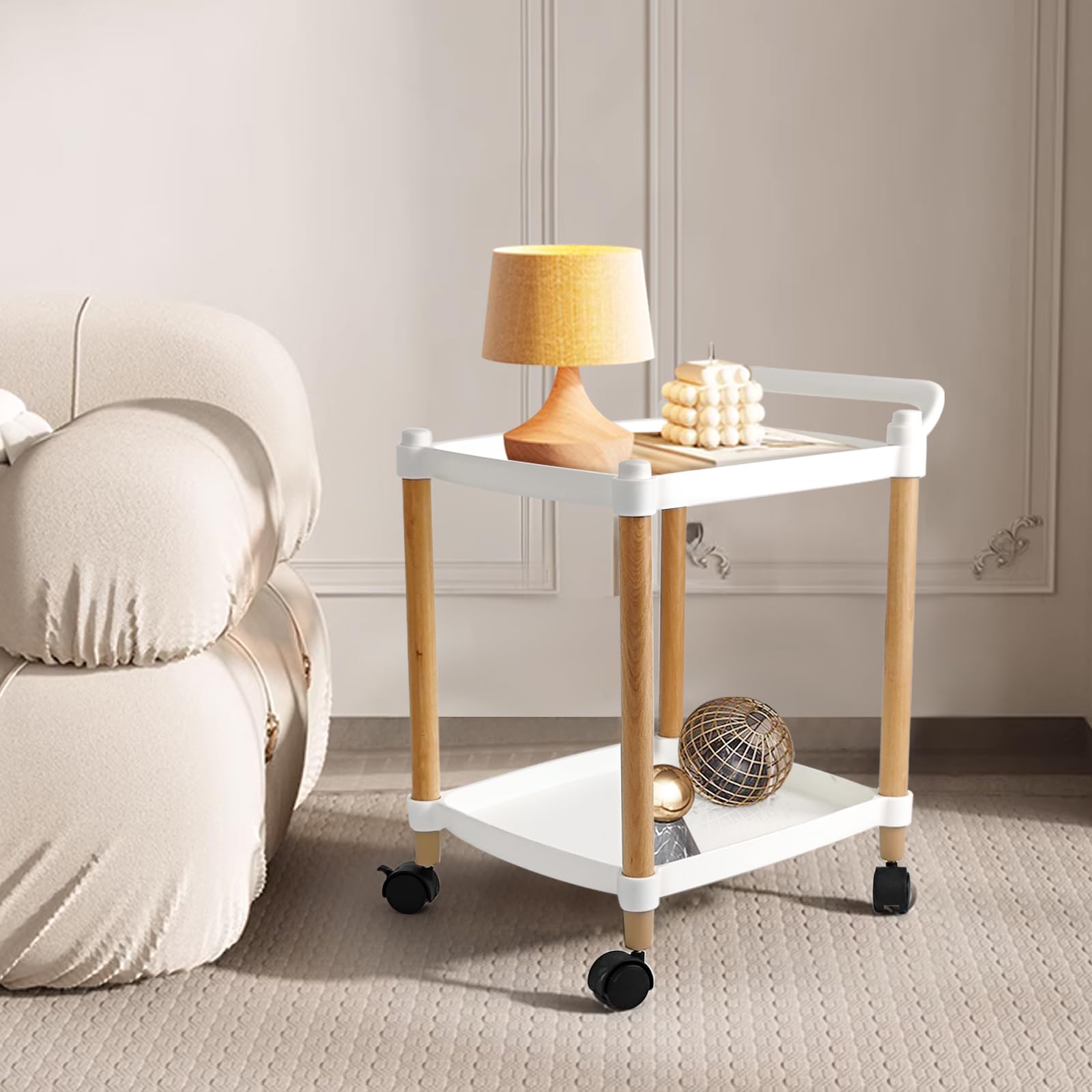 Rolling Utility Cart with Wheels Storage Cart on Wheels, Side Table End Bedside Table White