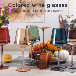 Colored Wine Glasses Set of 6-18oz Multi Colored Square Wine Glasses with Tall Long Stems and Flat Bottom,Crystal Colorful Wine Glasses-Unique Gifts for Wine Lovers,Wedding,Engagement Gifts