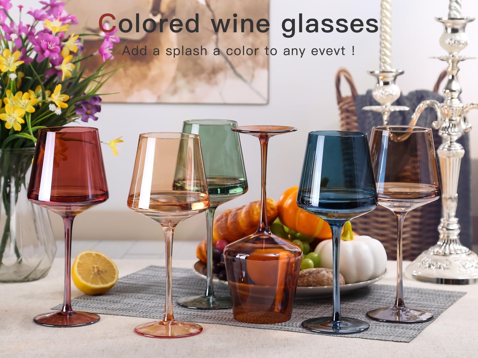 Colored Wine Glasses Set of 6-18oz Multi Colored Square Wine Glasses with Tall Long Stems and Flat Bottom,Crystal Colorful Wine Glasses-Unique Gifts for Wine Lovers,Wedding,Engagement Gifts