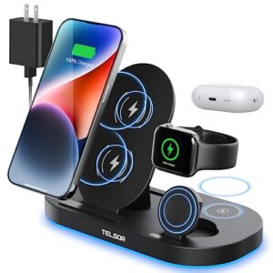 wireless charging station, telsor 3 in 1 foldable wireless charger, 18w fast wireless charging station for iphone14/13/12/11/pro/max/xs, iwatch s8/7/6/5/4/3/2/se, black