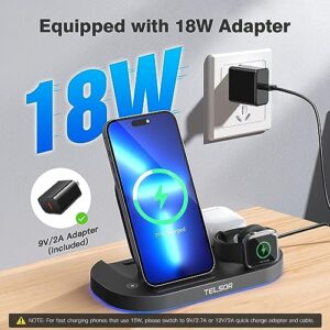 Wireless Charging Station, TELSOR 3 in 1 Foldable Wireless Charger, 18W Fast Wireless Charging Station for iPhone14/13/12/11/Pro/Max/XS, iWatch S8/7/6/5/4/3/2/SE, Black