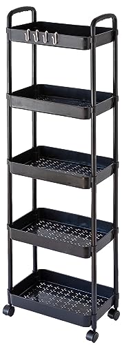 Gagee 5 Tier Rolling Cart with Wheels and Handle,Rolling Storage Cart for Office, Living Room, Laundry Room,Kitchen,Bathroom,Black