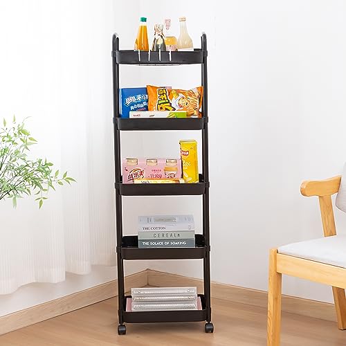 Gagee 5 Tier Rolling Cart with Wheels and Handle,Rolling Storage Cart for Office, Living Room, Laundry Room,Kitchen,Bathroom,Black