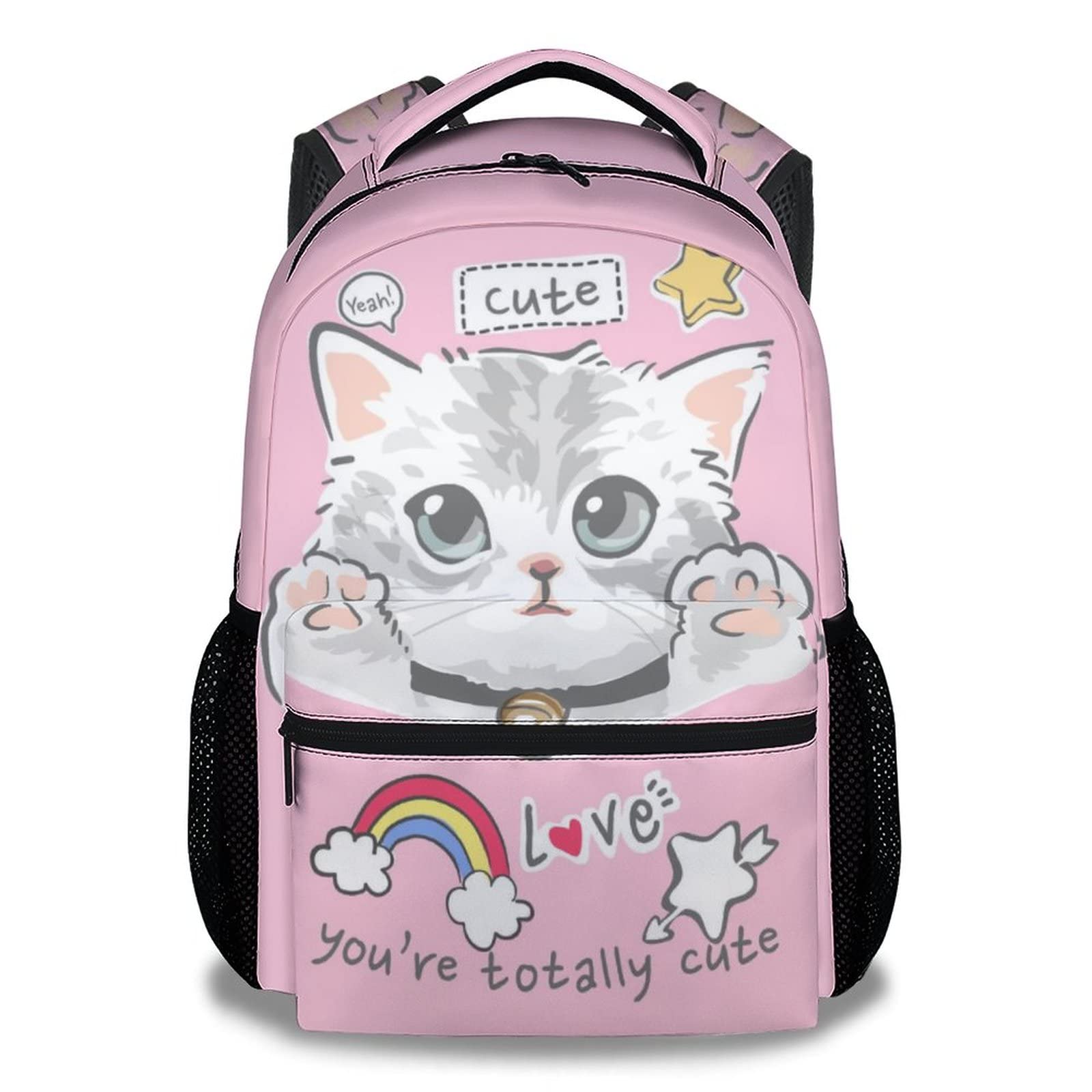 XaocNyx Cat School Backpack for Girls Boys, 16 Inch Pink Backpacks for Kids Age 10-12, Cute Lightweight Bookbag for Travel