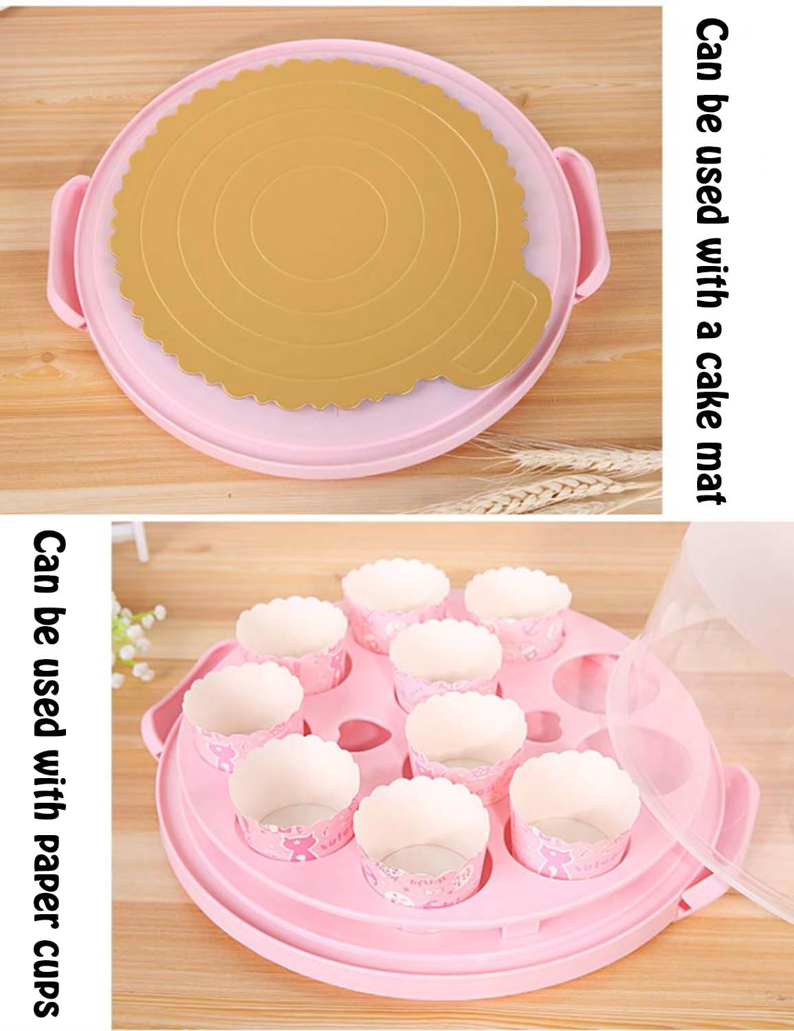 Jninexiu 10 Inch Cake Carrier with Lid and Handle, Cupcake Carrier Cupcake Holder Portable Round - Two Sided Base for Pies Cookies Nuts Fruit etc - Suitable for 10 inch Cake Perfect Gifts