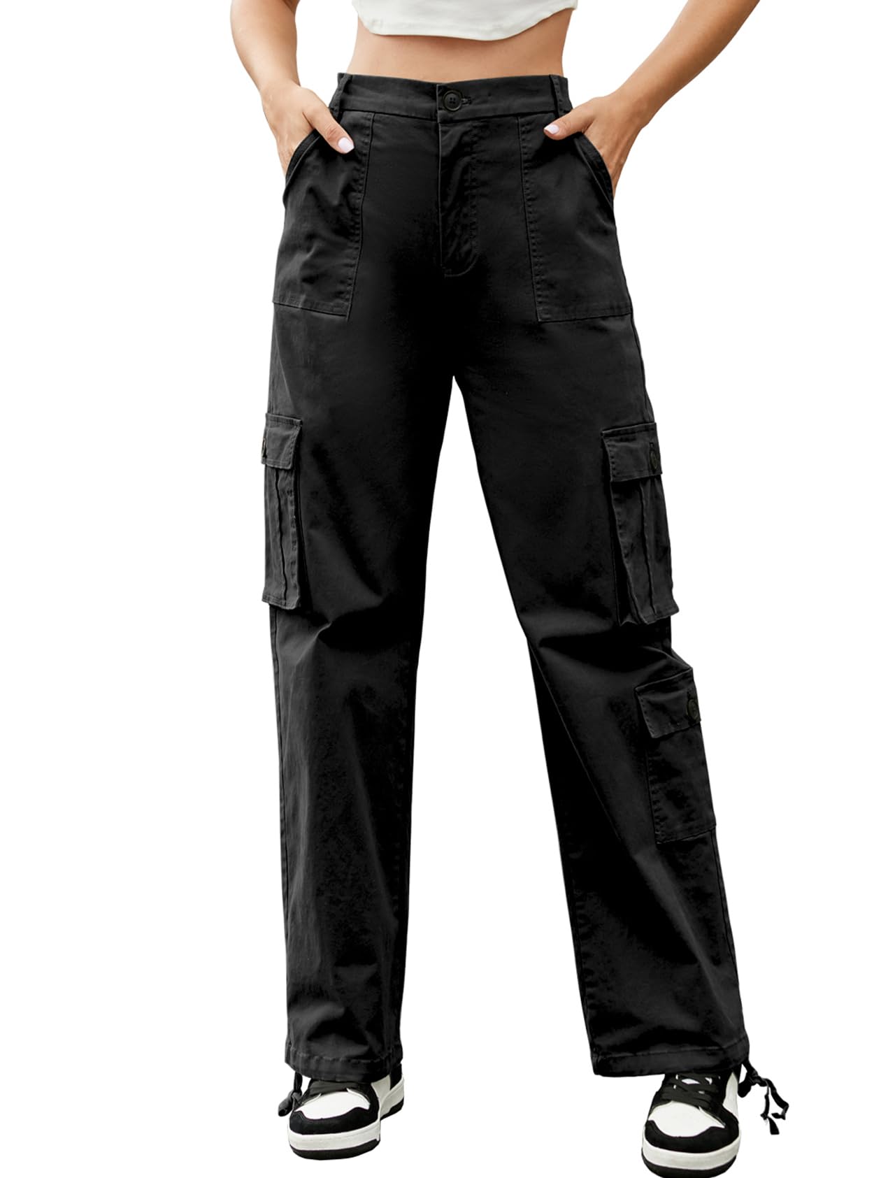 MOYEE Cargo Pants for Women High Waisted and Wide Leg Casual Y2K Pants Baggy Trousers with 7 Pockets(Black, Medium)