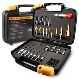 zorunna 34 pcs woodworking chamfer drilling tools including 6 countersink drill bit set, 7 countersink drill bit, 8 plug cutters for woodworking, 3 step drill bit and 8 drill stop bit collar set.